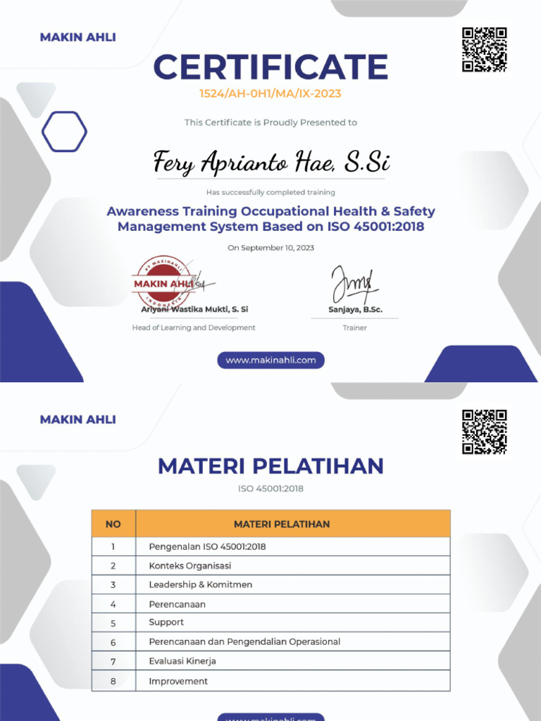Sertifikat Pelatihan - Iso 45001 | PDF