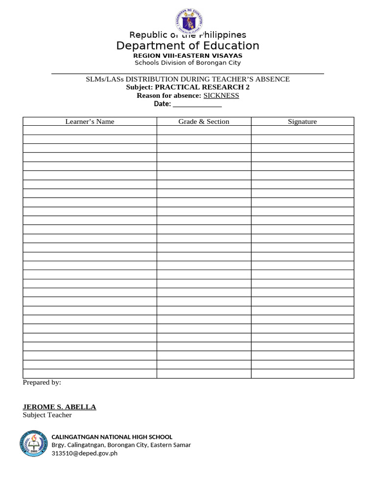Practical Research 2 Absence Form | PDF
