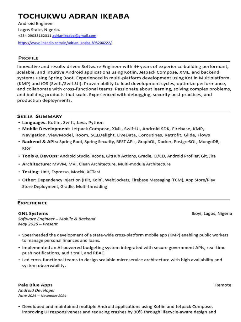 Ikeaba Adrian Android Engineer Resume | PDF | Mobile App | Android ...