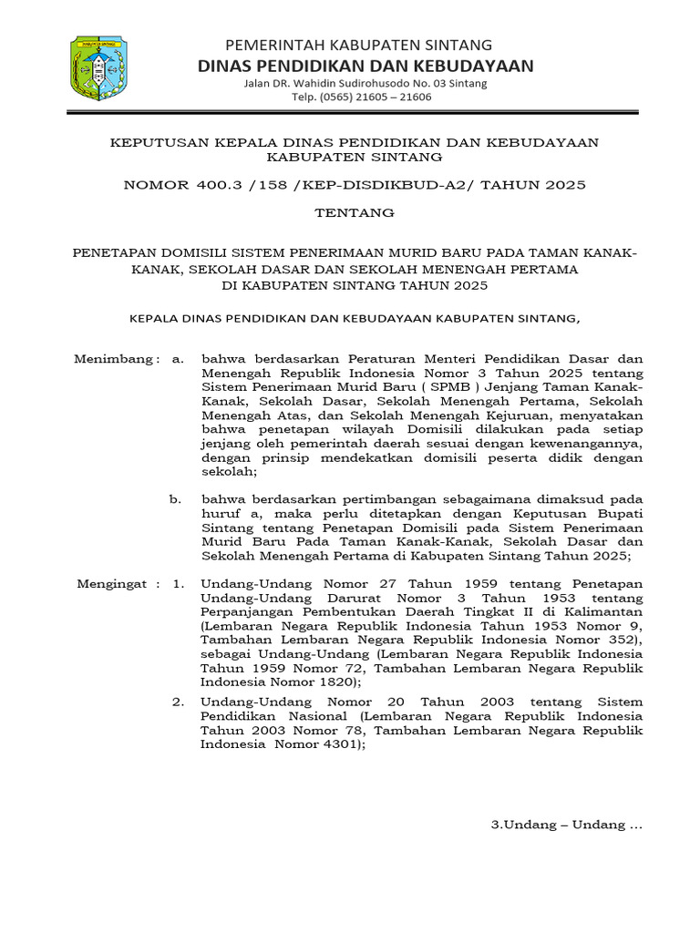 SK Penetapan Domisili SPMB 2025 Diknas | PDF