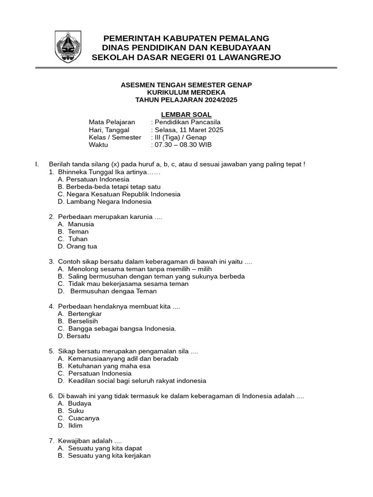 Soal Ats 2025 Kelas 3 PKN | PDF