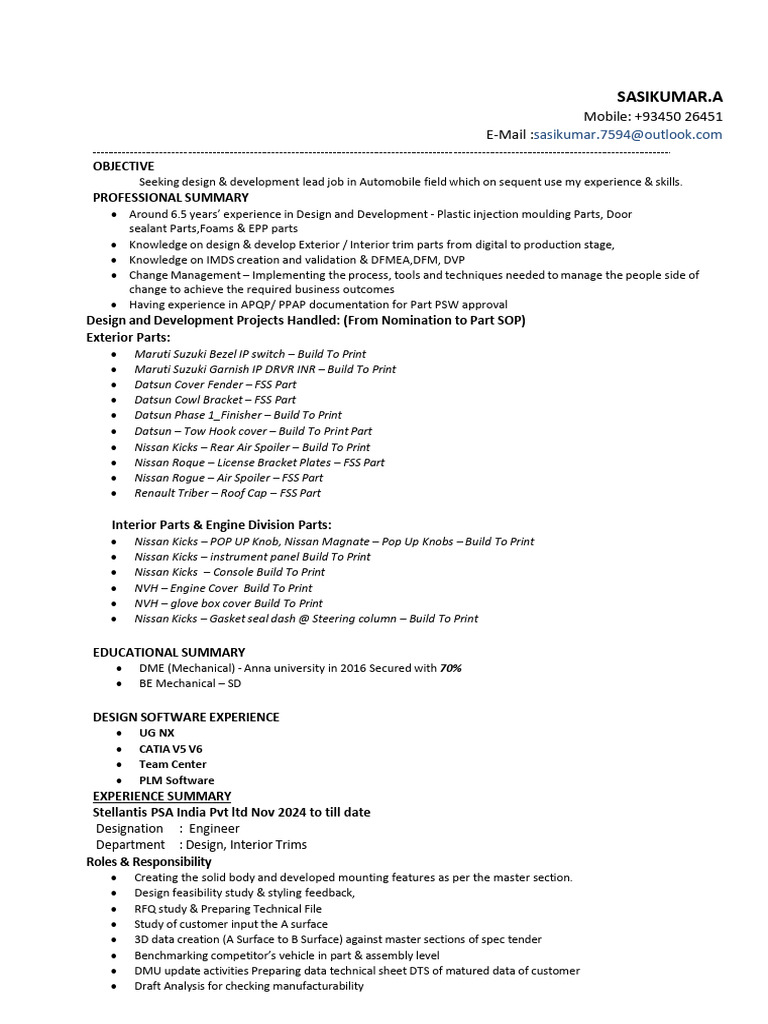 Sasikumar Resume | PDF | Nissan | Wheeled Vehicles