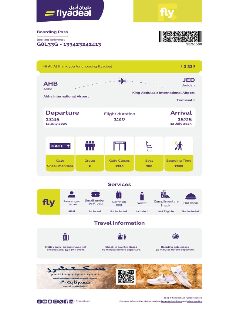 Boarding Pass, Ali Al, G8L33G, AHB-JED | PDF