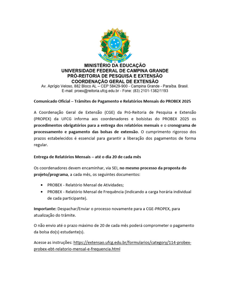 Comunicado Oficial PROBEX 2025 Relatorios e Pagamentos | PDF