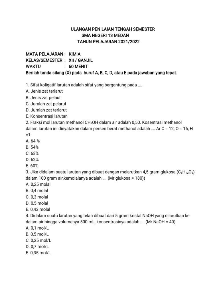 Soal UTS Kimia Ganjil XII 22 | PDF