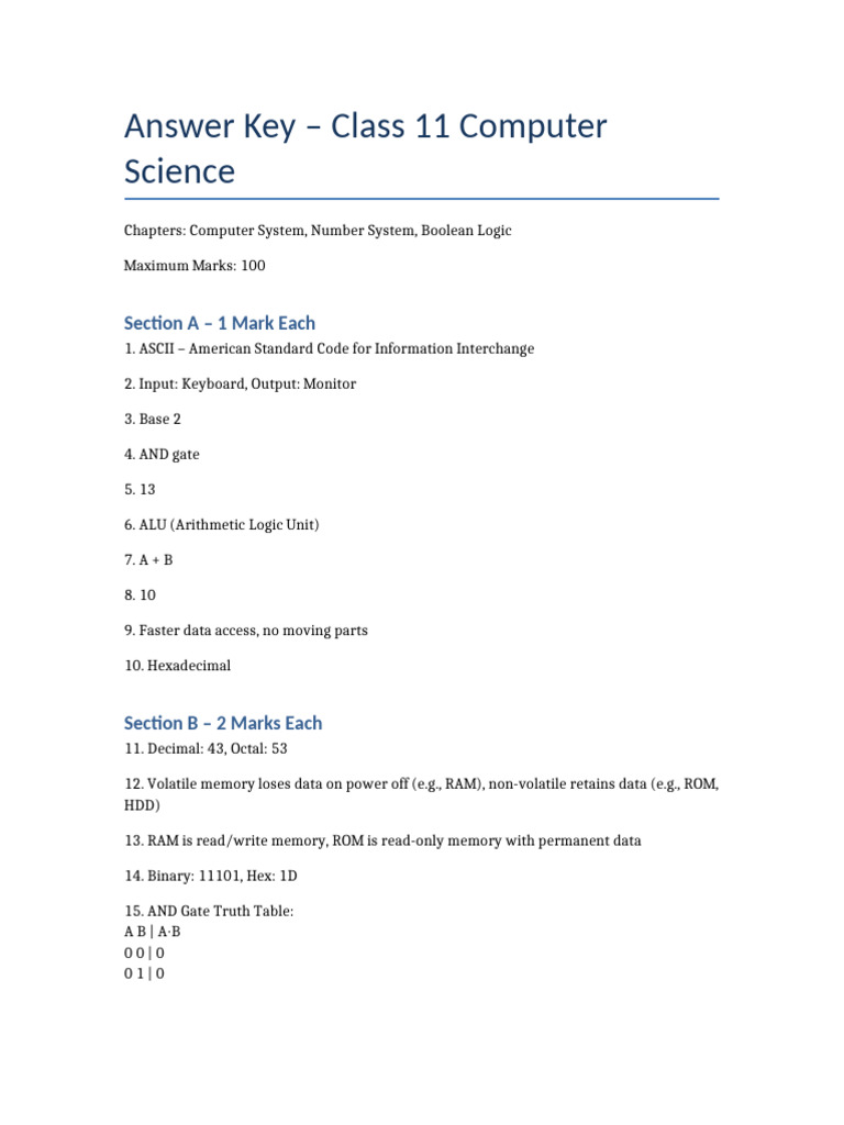 Class 11 Computer Science Answer Key | PDF