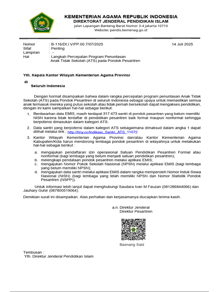Surat Percepatan Program Penuntasan ATS Di Pesantren - Kanwil | PDF