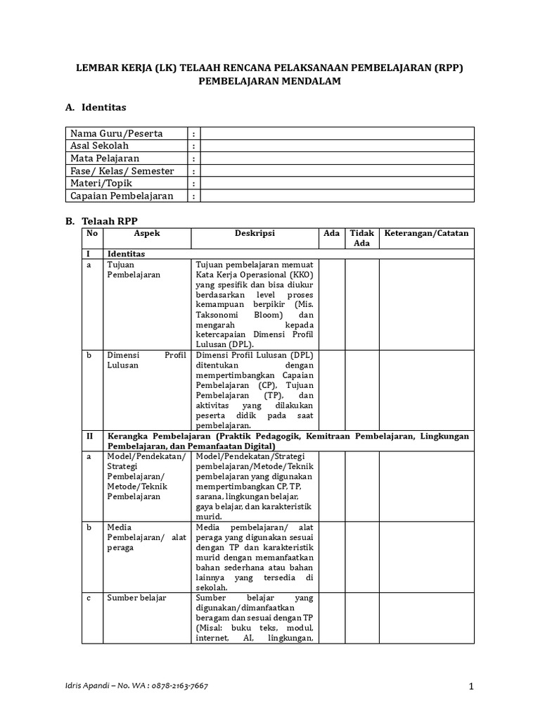 Telaah RPP Pembelajaran Mendalam | PDF