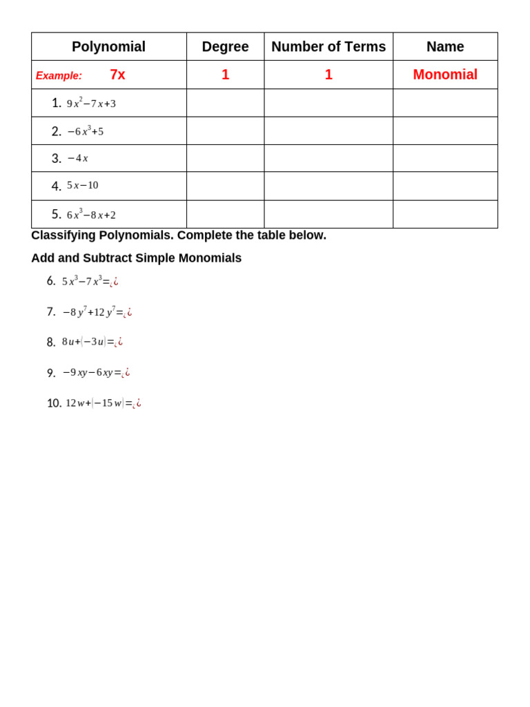 MATH 8 - Activity Add and Subtract Monomials | PDF