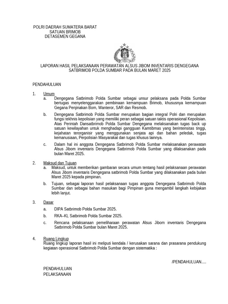 Laporan Perawatan Alsus Jibom Satbrimob | PDF