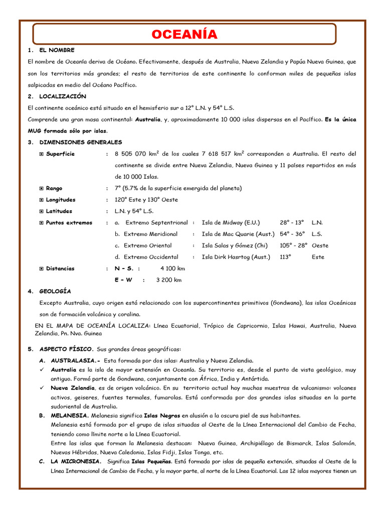 Oceanía para Tercer Grado de Secundaria | PDF | Oceanía | océano Pacífico