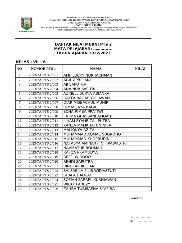 Blangko Daftar Nilai | PDF