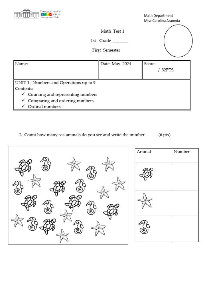 1st Grade Math Test: Numbers & Operations | PDF | Military Operations ...