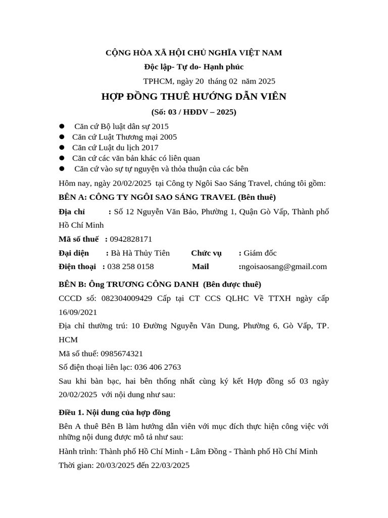 Hợp Đồng Thuê HDV Số 1 | PDF