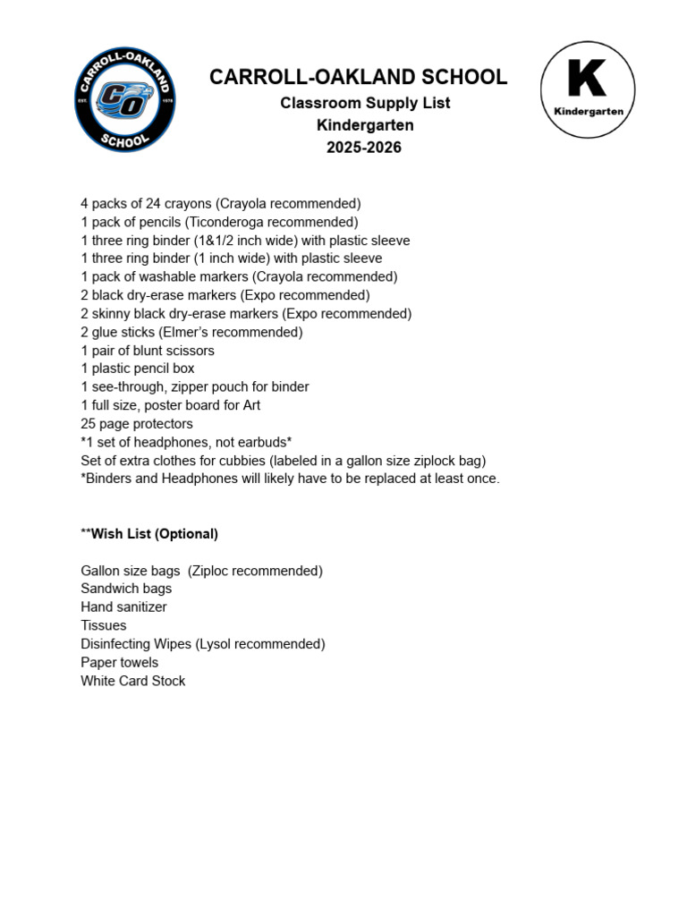 Carroll-Oakland School Supply Lists 2025-2026 | PDF | Notebook | Pencil