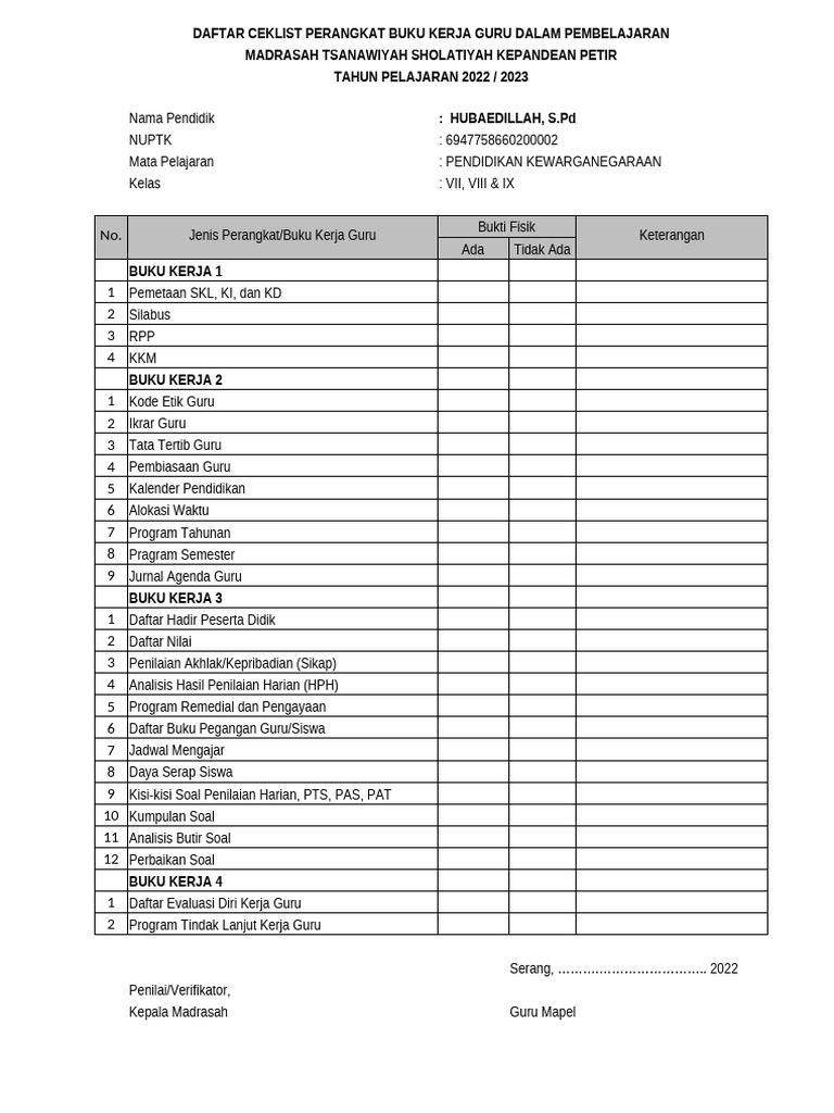 Daftar Ceklist Perangkat Buku Kerja Guru | PDF