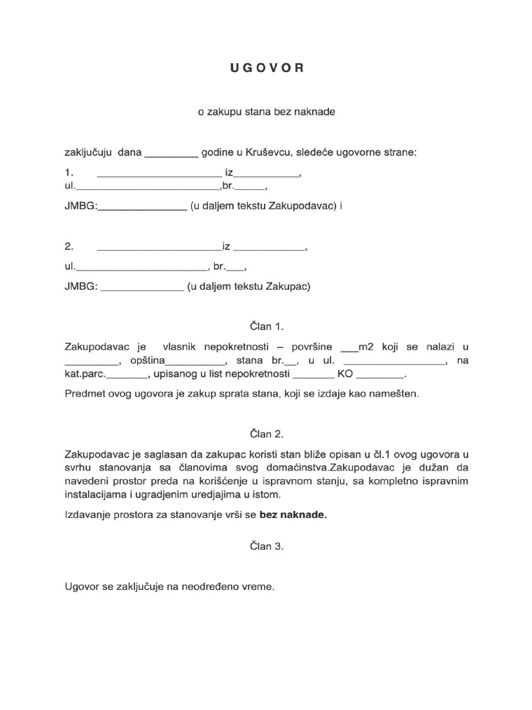 Ugovor o Zakupu Stana Bez Naknade | PDF