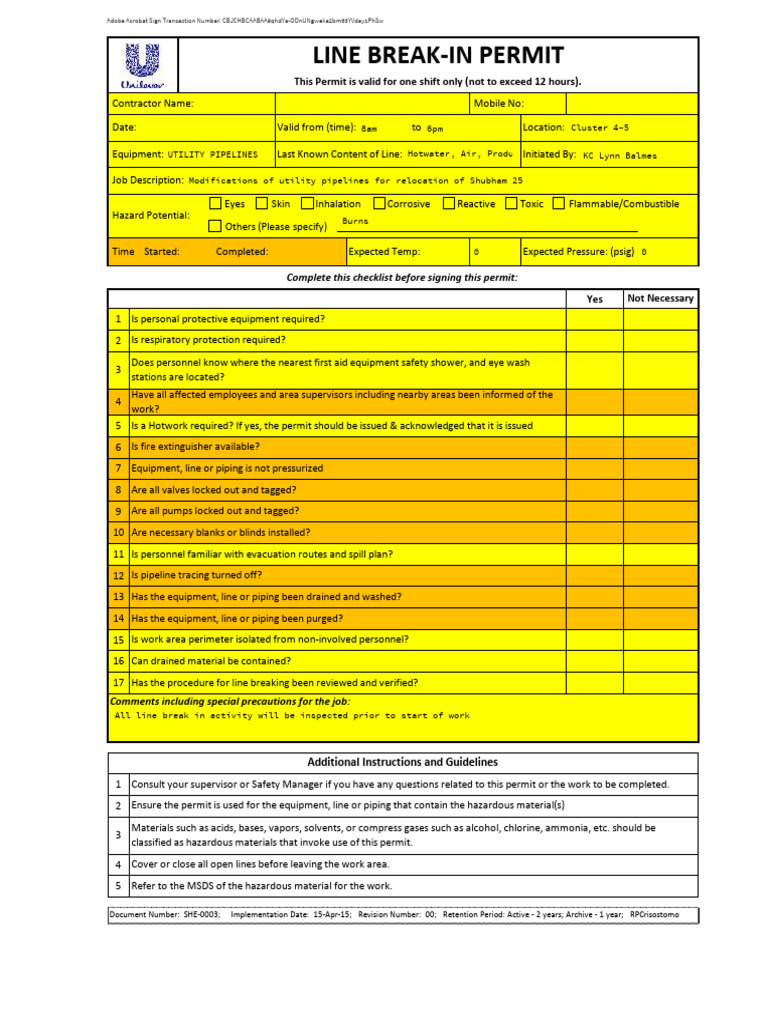 Line Break Permit Guidelines | PDF | Safety | Occupational Safety And ...