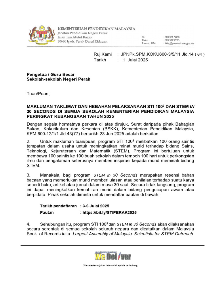 Surat Makluman Taklimat Dan Hebahan Pelaksanaan Program Sti 100 | PDF