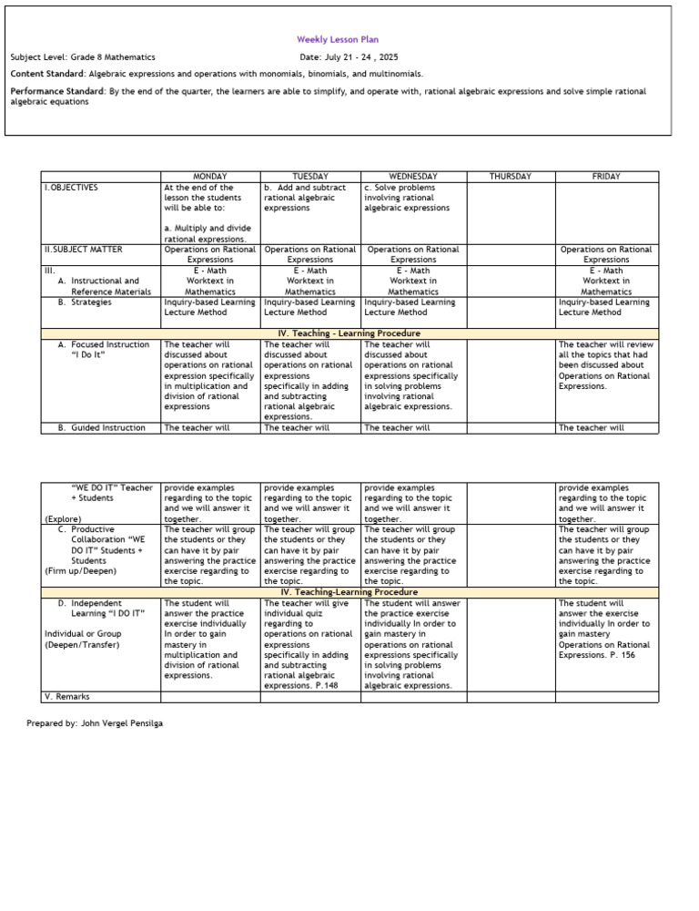 Grade 8 Rational Expressions Lesson Plan | PDF | Mathematics | Inquiry ...