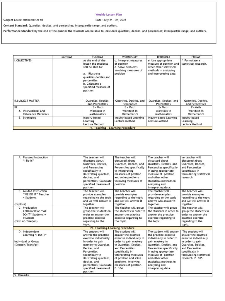 Mathematics 10 Week 5 Lesson Plan | PDF | Quartile | Percentile