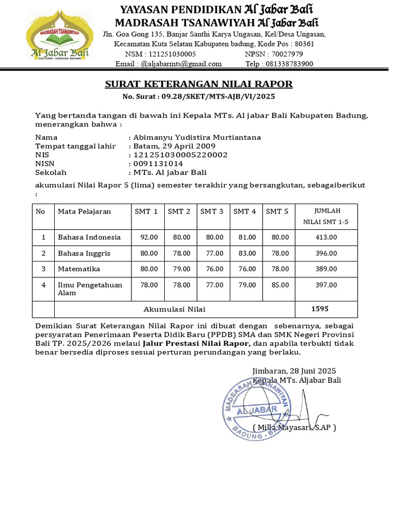 Surat Keterangan Nilai Rapor MTs Al Jabar | PDF