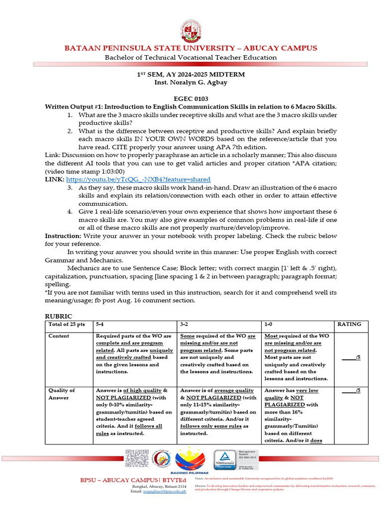Midterm Egec Fola Wo Po Instruction Rubric 1 | PDF | Turnitin | Nonverbal Communication