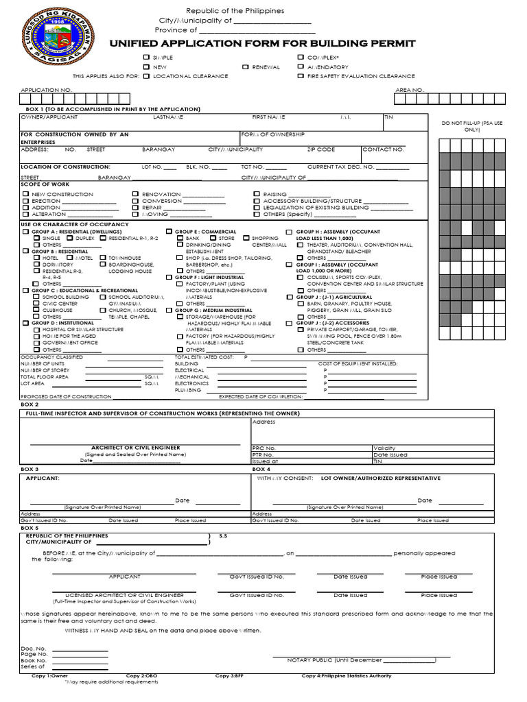 Unified Application Form For Building Permit - 1 Front | PDF