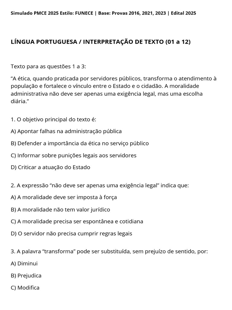 Simulado PMCE 2025 Estilo FUNECE _ Base Provas 2016, 2021, 2023 _ Edital 2025 | PDF ...