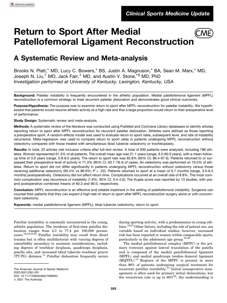 Platt Et Al 2021 Return To Sport After Medial Patellofemoral Ligament ...