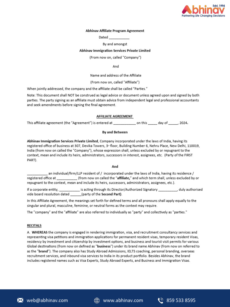 Abhinav Affiliate Program Agreement Updated 17 May 2025 | PDF | Patent | Intellectual Property