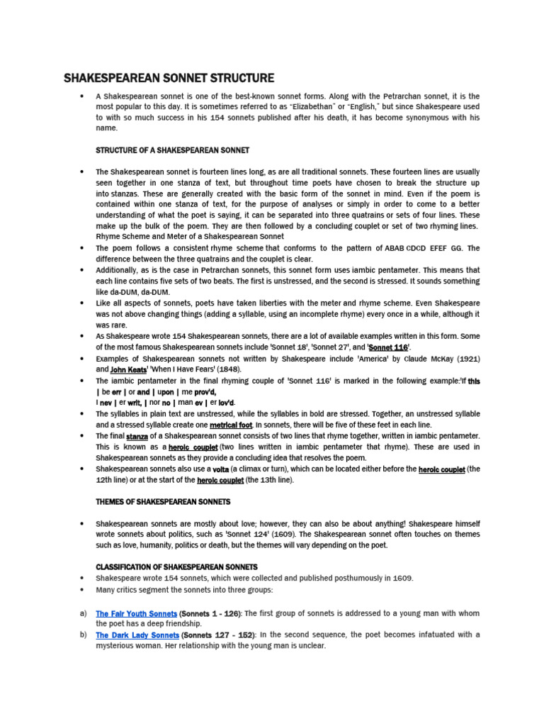 Shakespearean Sonnet Structure | PDF | Shakespeare's Sonnets | Stanzaic Form