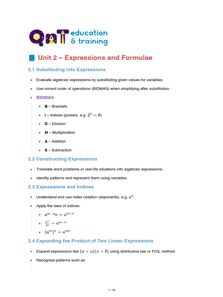 ? Unit 2 - Expressions and Formulae | PDF