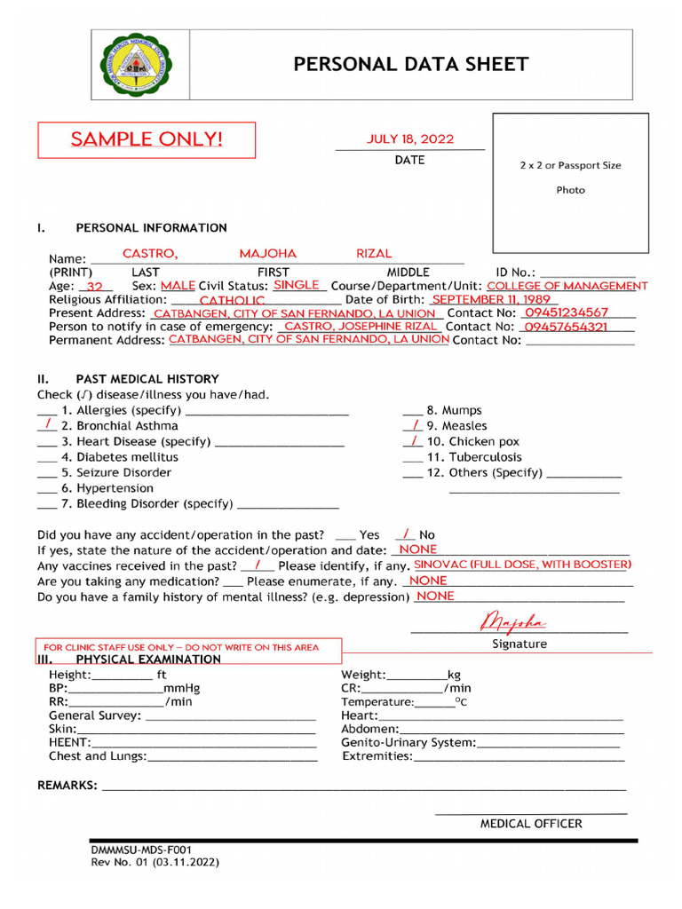 f001 Personal Data Sheet Sample | PDF