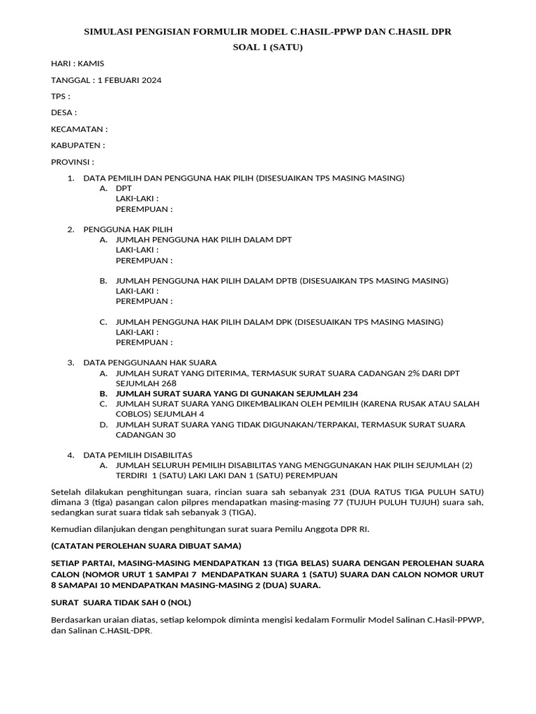 Simulasi Pengisian Satu Lembar Presiden Dan DPR | PDF