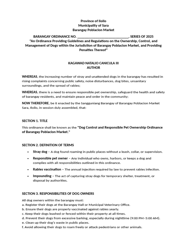 Ordinance For Dogs in Pob. Market Sara Iloilo | PDF | Rabies | Justice