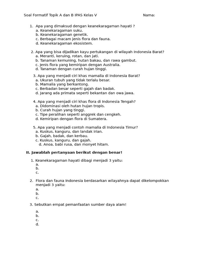 Soal Formatif Topik A Dan B IPAS Kelas V | PDF