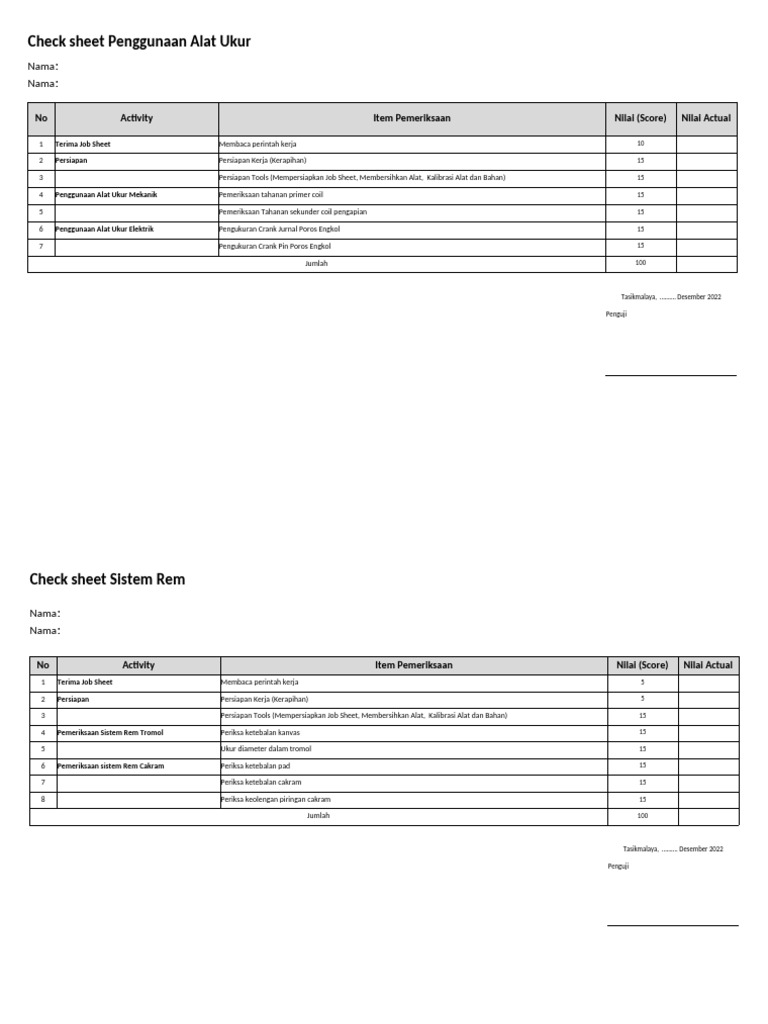 Check Sheet Alat Ukur dan Rem 2022 | PDF