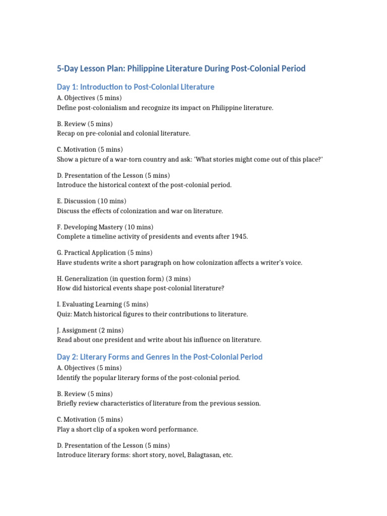 5-Day Lesson Plan Post Colonial Lit | PDF | Postcolonialism | Lesson Plan
