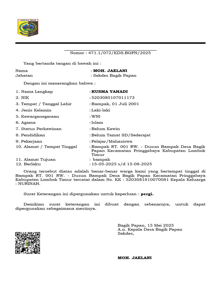 Surat Keterangan Bepergian - 5203080107011173 - 2025 05 15 - 072 | PDF