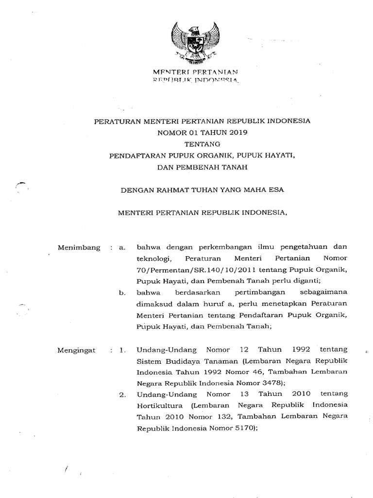 Permentan Nomor 1 Tahun 2019 | PDF