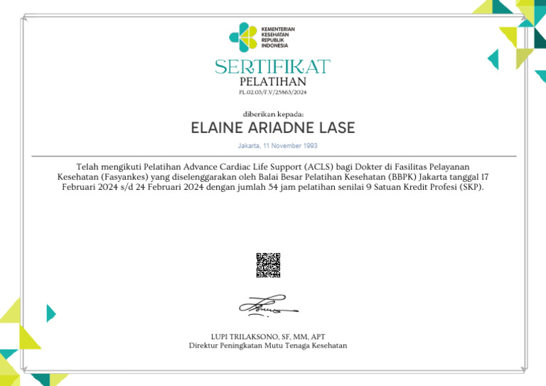 Sertifikat ACLS 2024 Dr. Elaine-LMS | PDF