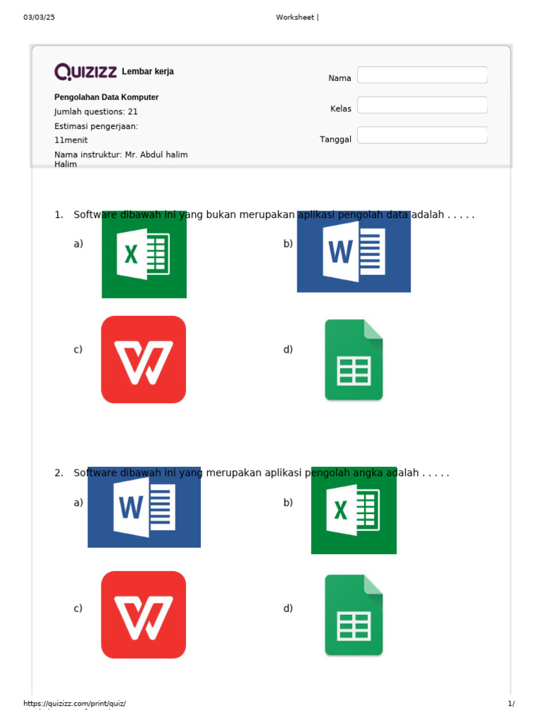 Worksheet Quizizz Pengolahan Data Excel | PDF