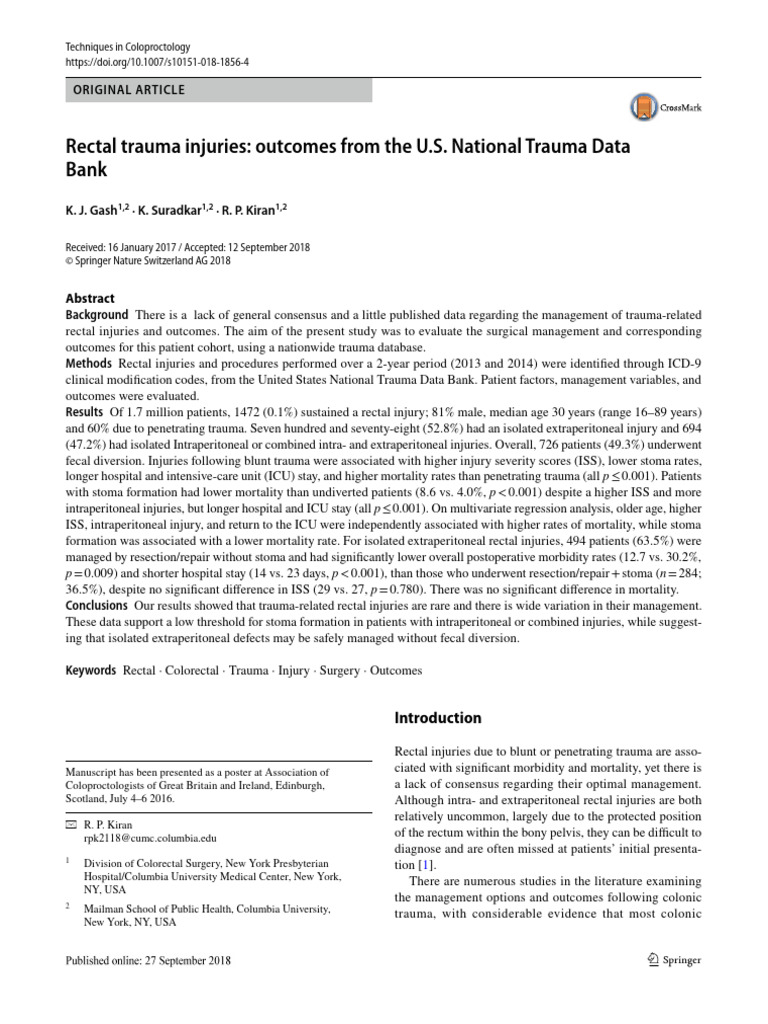 Rectal Trauma Injuries Outcomes From The U.S. National Trauma Data Bank ...