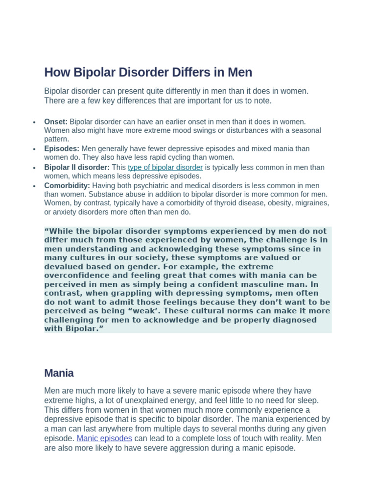 How Bipolar Disorder Differs in Men | PDF | Bipolar Disorder | Mania