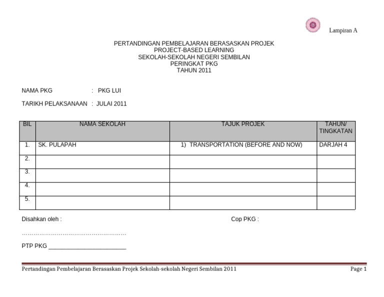 Borang Senarai Projek - Sek PBL 2011 - SK Pulapah | PDF