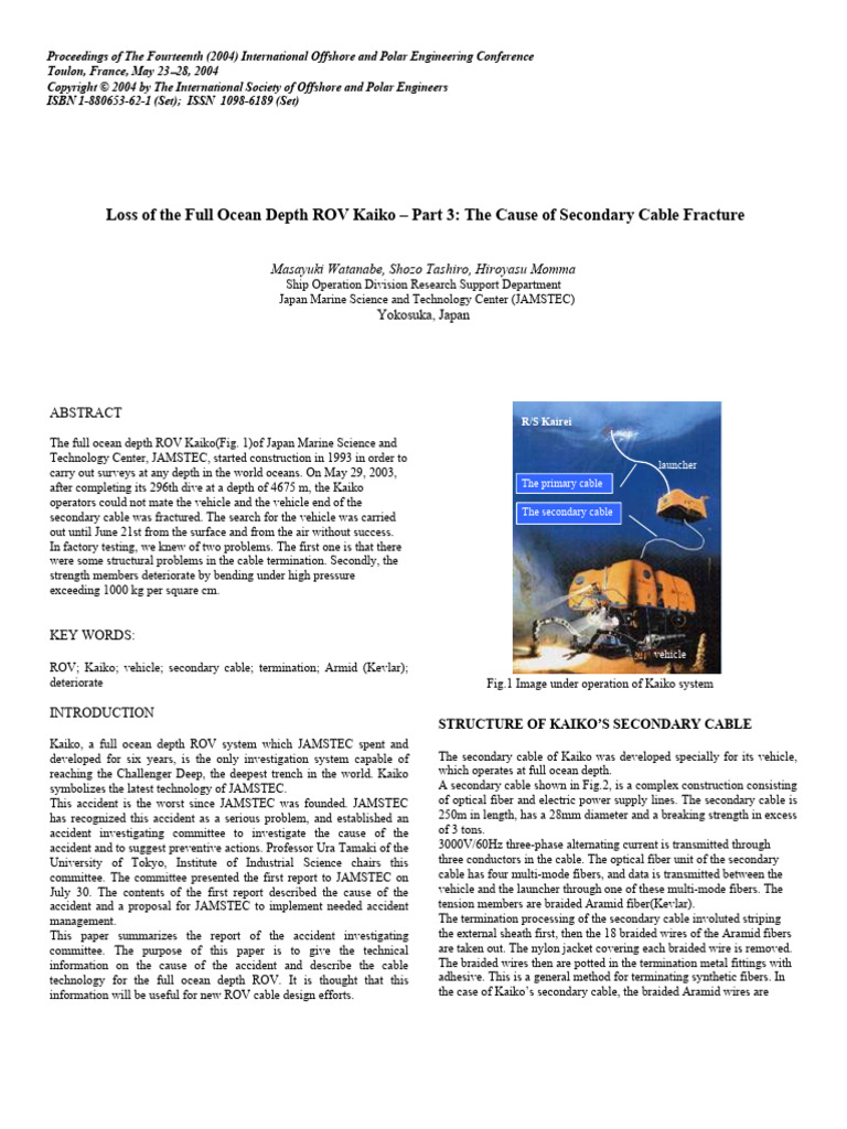 2004 - Loss of The Full Ocean Depth ROV Kaiko-3-The Cause of Secondary Cable Fracture | PDF ...