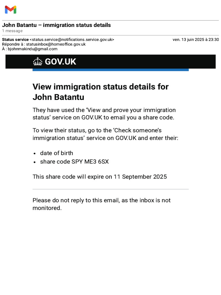 Gmail - John Batantu - Immigration Status Details | PDF