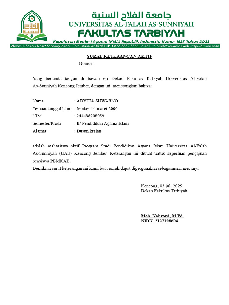 Adytia Suwarno - Surat Ket - Aktif | PDF
