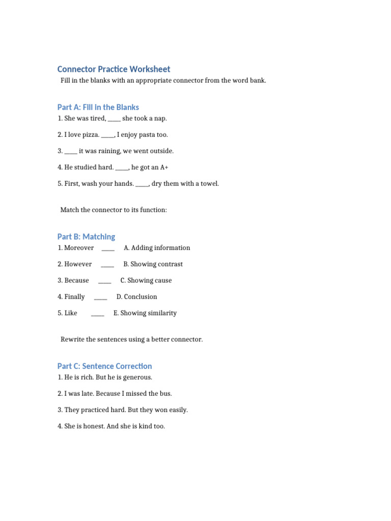 Connector Practice Worksheet | PDF